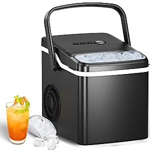 Kndko Ice Maker Countertop, Portable Ice Maker Machine with Handle, 26.5Lbs/24H, 9Pcs/6Mins, 2 Sizes of Bullet Ice, Self-Cleaning, Basket and Scoop, Ideal for Home/Office/Outdoor Use, Black