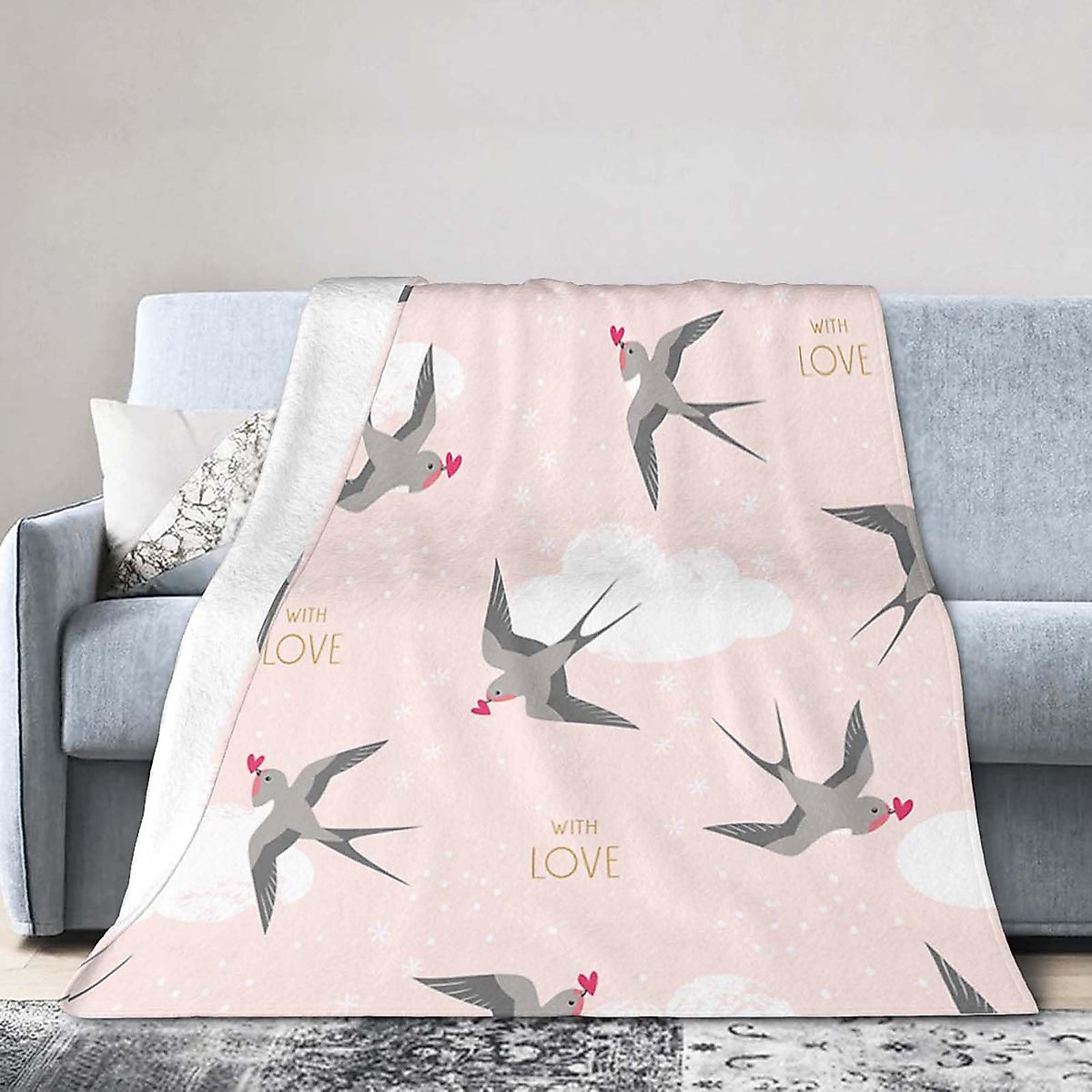 Throw Blanket 40x50 Inch,Flower Sky Bird Heart Flannel Soft Cozy Fluffy Throw Blankets and Warm Throws for Adults in Couch Sofa Bed 50x40 Inch