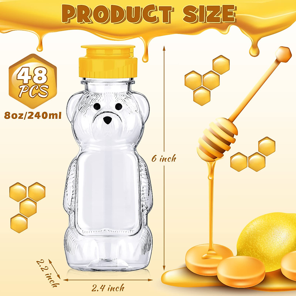 Thenshop 48 Pcs 8oz Plastic Honey Bear Bottle Empty Honey Squeeze Bottle Bear Shaped Honey Containers Honey Bear Cup Bear Honey Bottle Jars with Yellow Flip Top Lid for Storing and Dispensing, Clear