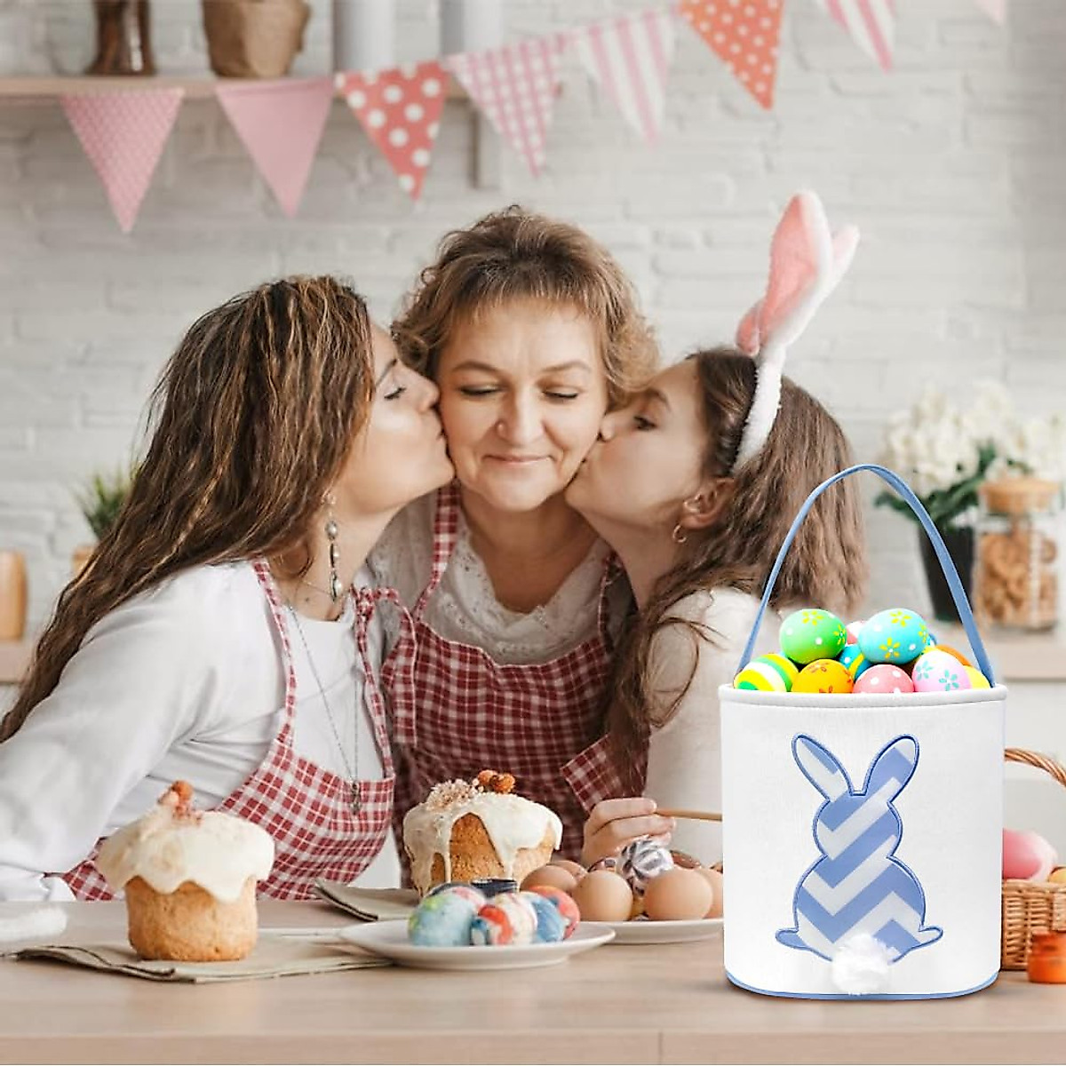 AOUTACC 3 Pack Easter Bunny Baskets, Easter Egg Hunt Bunny Bags Little Baskets with Fluffy Tail Canvas Cotton Rabbit Handbag Bucket Tote Bag for Kids Girls (Style 3,Pink + Green + Blue)