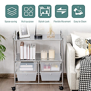 RELAX4LIFE Storage Cart W/Four Drawers, Wheels and Two Shelves, Stable Steel Frame Craft Cart for Office,Home, Make Up Storage and Files Arrangement Storage Cart Organizer (Clear)