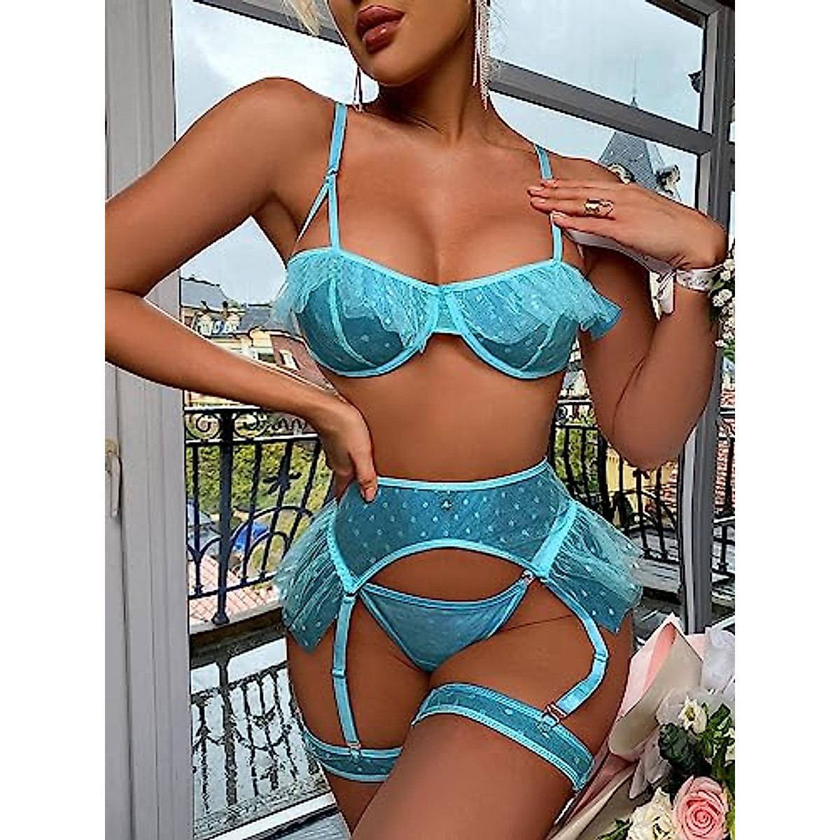 SOLY HUX Women's Valentines Sexy Mesh Lingerie Set Lace Teddy Strap Babydoll Bodysuit with Garter Belts Plain Light Blue XXL