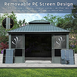 Domi 12x14FT Sunroom,Solarium Aluminum Hardtop Gazebo with Galvanized Steel Double Roof, Lockable Screen House,Moveable PC Screen&Sliding Door for Patio Deck Backyard Lawn