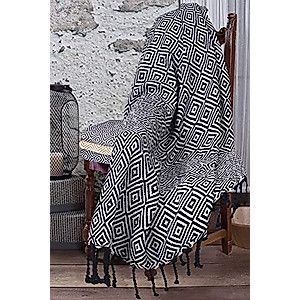Throw Blanket With Fringes In Diamond Design 50x60 Inch - Navy White Cotton Throw For Sofa, Chair, Bed, & Everyday Use, Well crafted for durability, Farmhouse Throw,All Season Throw Blanket