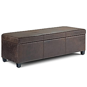 SIMPLIHOME Avalon 48 Inch Wide Contemporary Rectangle Storage Ottoman Bench in Distressed Brown Vegan Faux Leather, For the Living Room, Entryway and Family Room