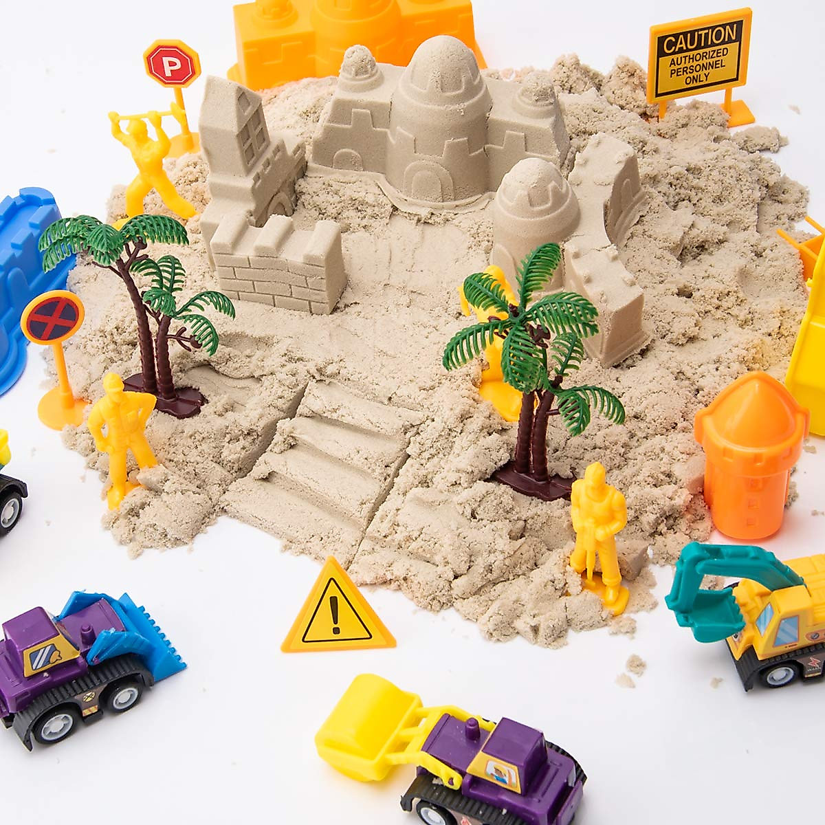 Play Sand for Kids, 3lbs Magic Sand, Building Castle Molds Tools, Construction Trucks, Toys and Signs, Tray Storage Bag, 43PCS Sandbox Set Toddlers Kids Boys Grils