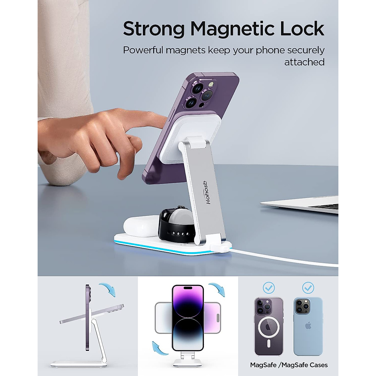 Magnetic Charging Station,Hohosb 3 in 1 Foldable Wireless Charger Stand[Compatible with Magsafe Charger] for iPhone 14/13/12 Series, AirPods Pro/3/2,Apple Watch/iWatch(18W Adapter Included)-White