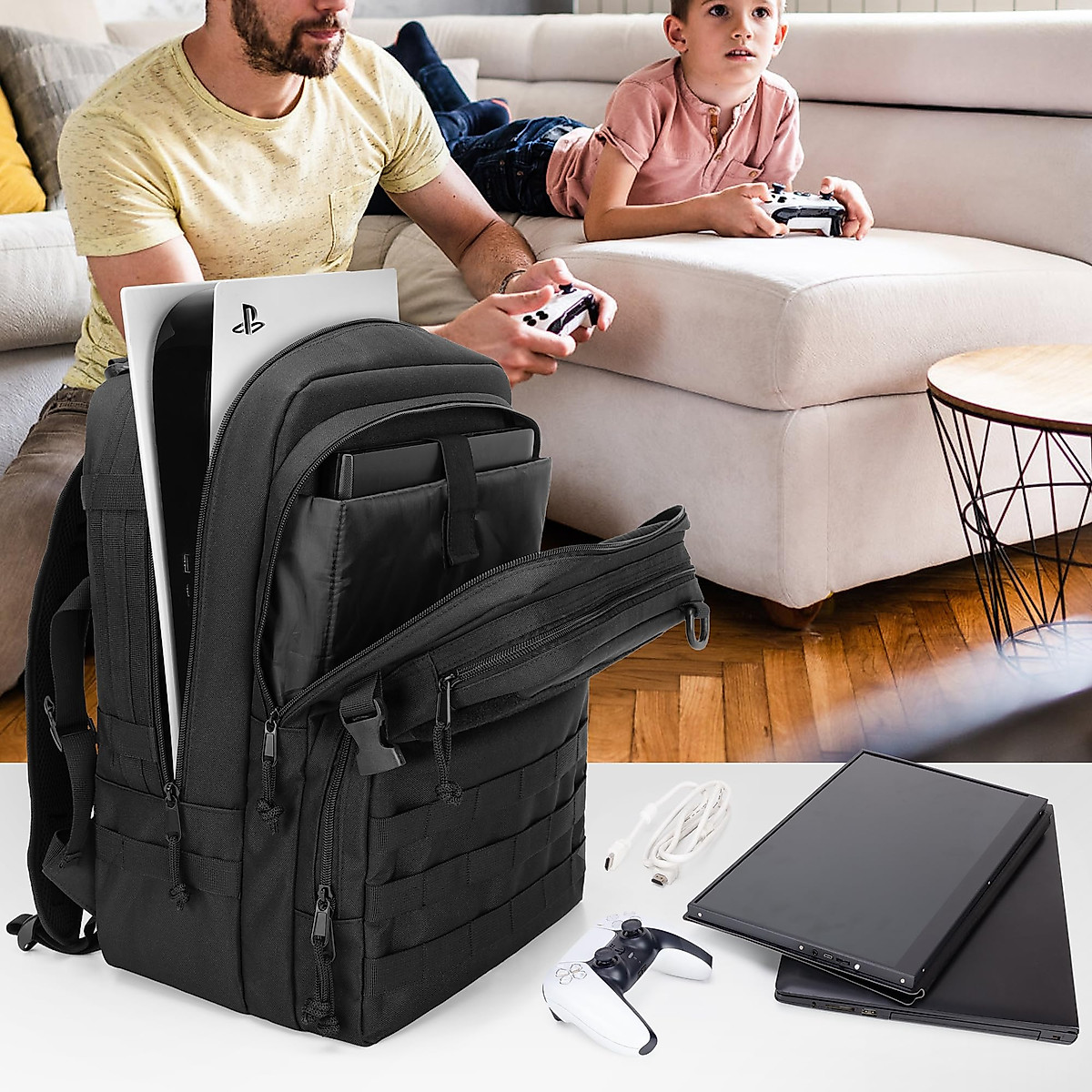 PGmoon Tactical Game Backpack Compatible with PS5/PS5 Slim/PS5 Pro/PS4 Console, Travel Carrying Case Storage Bag for 15.6" Laptop, Portable Monitor, Controller and Other Gaming Accessories