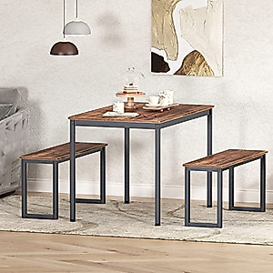 DlandHome Dining Table Set for 4, Kitchen Table Set with 2 Benches, 3 Piece Dining Room Table and Benches, Kitchen Coffee Table Set for Flats, Industrial Style Wooden Kitchen and Dining Room Set