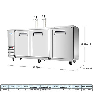 Atosa Kegerator Refrigerator Commercial Beer Cooler, MKC90 Keg Coolers with Tap, Three Doors for Bar, 30.1 Cu.Ft. 33?-38?