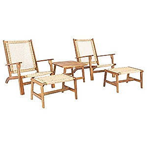 Safavieh Outdoor Collection Chantelle Acacia Wood/Light Brown Woven Rattan 5-Piece Patio Set PAT7076A, Natural/Natural