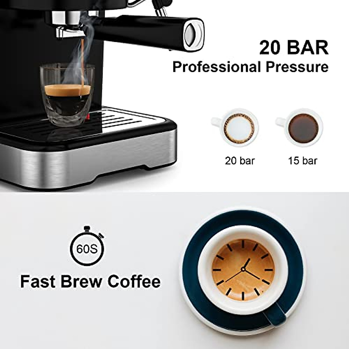 KOTLIE 20 Bar Espresso Machine: Coffee Maker with Milk Frother, Steam Wand,1.5L Removable Water Tank for Cappuccino and Latte