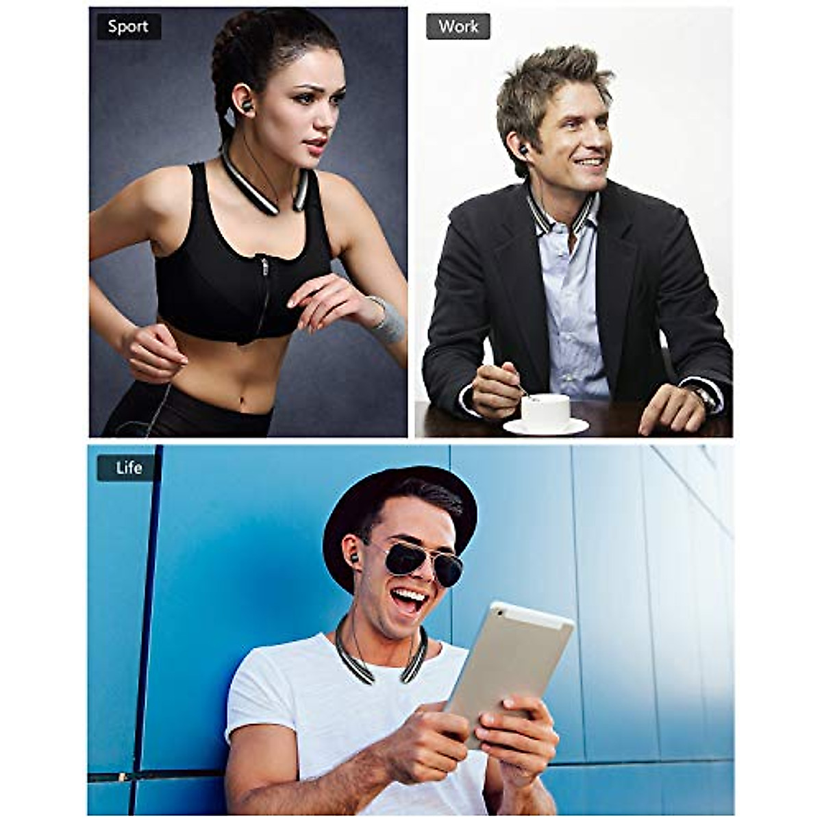 Neckband Bluetooth Headphones, Wireless Bluetooth Headphones with Retractable Earbuds, CVC8.0 Noise Cancelling 3D Sound Surround Personal Sport Headset Call Vibrate Alert Earphones with Mic (Black)