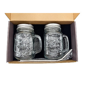 Gift Set Mason Jar Mugs with Handle, Regular Mouth Colorful Lids with 2 Reusable Stainless Steel Straw, Set of 2 (Silver), Kitchen GLASS 16 oz Jars,"Refreshing Ice Cold Drink" & Dishwasher Safe