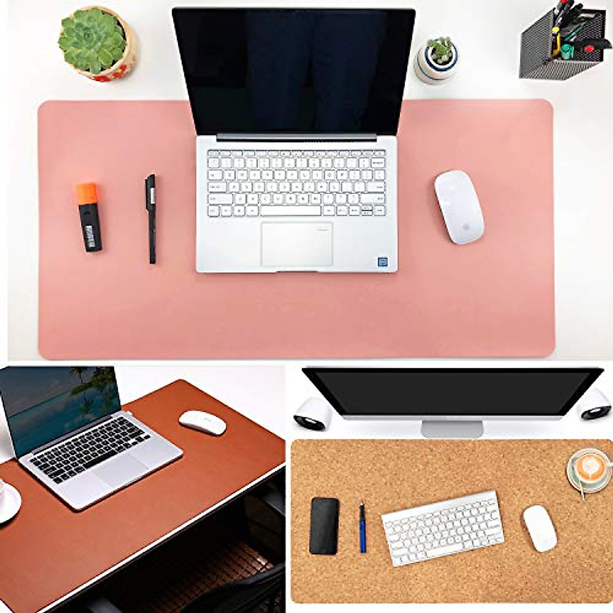 Aothia Office Desk Pad, Natural Cork & PU Leather Dual Side Large Mouse Pad, Laptop Desk Table Protector Writing Mat Easy Clean Waterproof for Office Work/Home/Decor (Dark Blue,31.5" x 15.7")