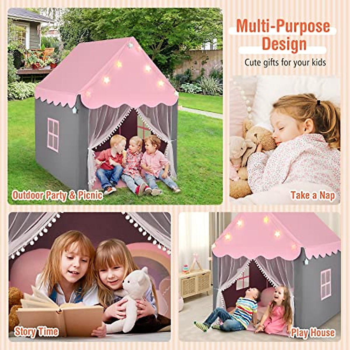 Costzon Kids Play Tent, Playhouse Tent w/Washable Cotton Mat, Star String Lights, Windows, Bottom Zippers, Large Indoor & Outdoor Castle Fairy Tent, Easy Assembly, Gifts for Boys & Girls (Pink)