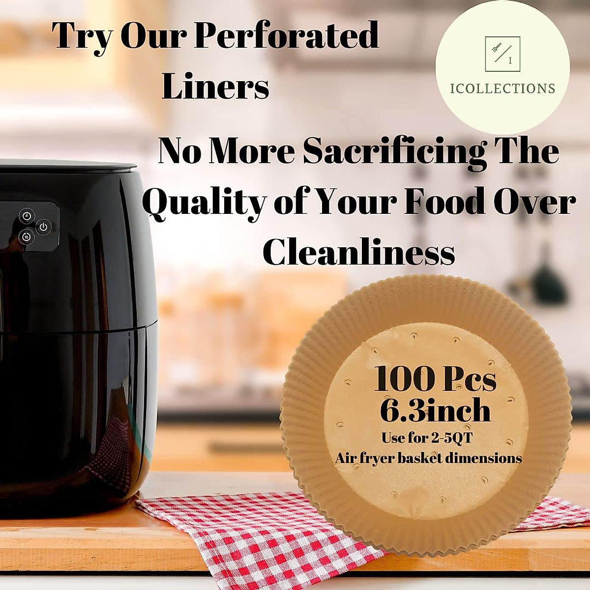 ICOLLECTIONS 100 Pcs Perforated Air Fryer Paper Liners for Crispy Food - Oil and Water Proof Non-Stick Air Fryer Disposable Paper Liners for Baking and Roasting - 6.3 Inch Round Air Fryer Liners