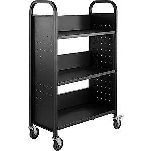 BestEquip Book Cart, 200LBS Library Cart, 49.2''x29.5''x13.8'' Rolling Book Cart, Single Sided L-Shaped Flat Shelves with Lockable Wheels for Home Shelves Office School Book Truck Black