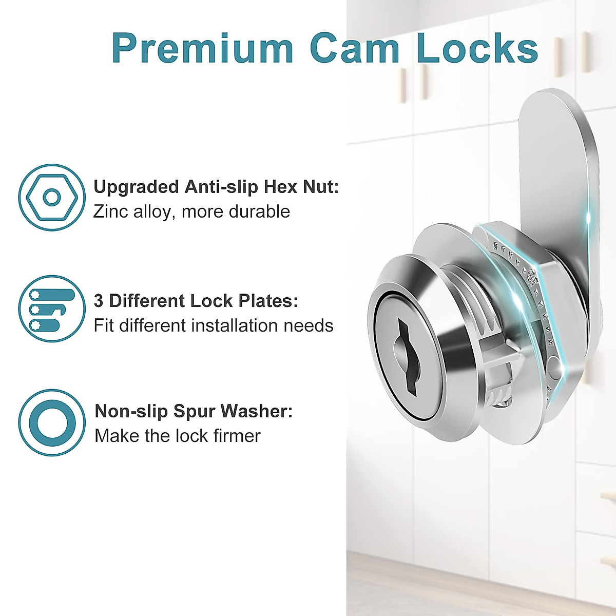 Cam Locks Cabinet Lock Keyed Alike, 5/8'' (Length) Cylinder Fits on 3/8'' Max Panel Thickness, 2pcs Secure File Drawer Mailbox RV Storage Replacement Set, Chrome-Finish Zinc Alloy