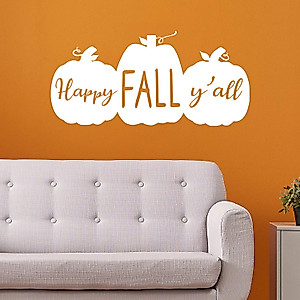 Vinyl Wall Art Decal - Happy Fall Y'all - 22" x 46" - Trendy Cute Autumn Season Pumpkins Design Quote Sticker for Office Business Coffee Shop Store School Entryway Door Windows Decor (White)