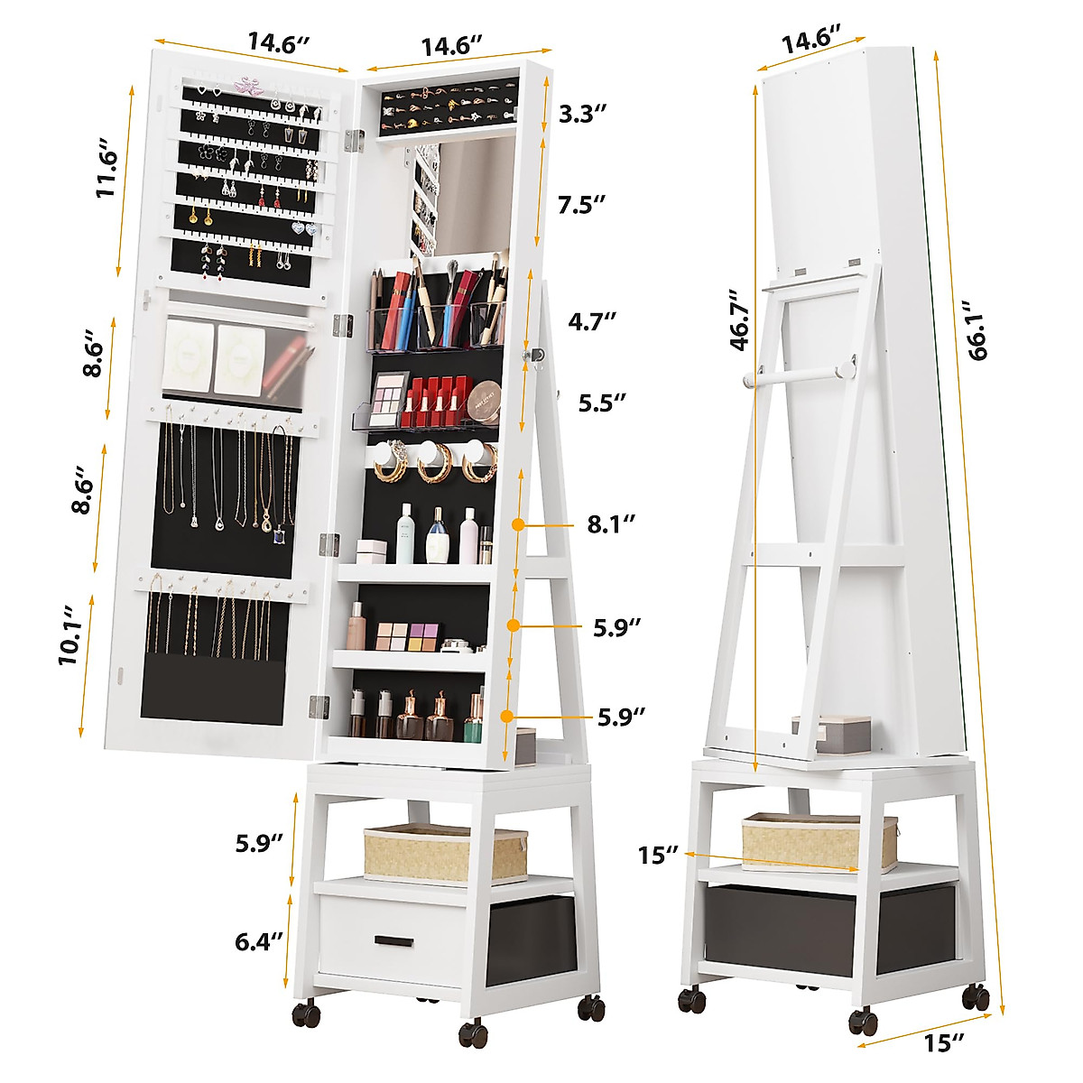 Alkmaar 360° Swivel Jewelry Armoire, Floor Standing Locking with Full Length Mirror,Bottom Drawer, Shelf, Wheels,White Cabinet with Large Storage Capacity (White push-pull)