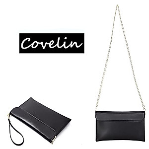 Covelin Women's Wristlet Clutch Handbag Genuine Leather Envelope Evening Shoulder Bags Black