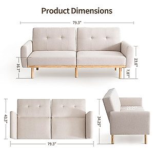 Hcore Convertible Futon Bed Couch, 79" Inch Linen Fabric Memory Foam Mid Century Modern Sleeper Armrest, Small Splitback Loveseat Sofa Cama Sofabed, Beige