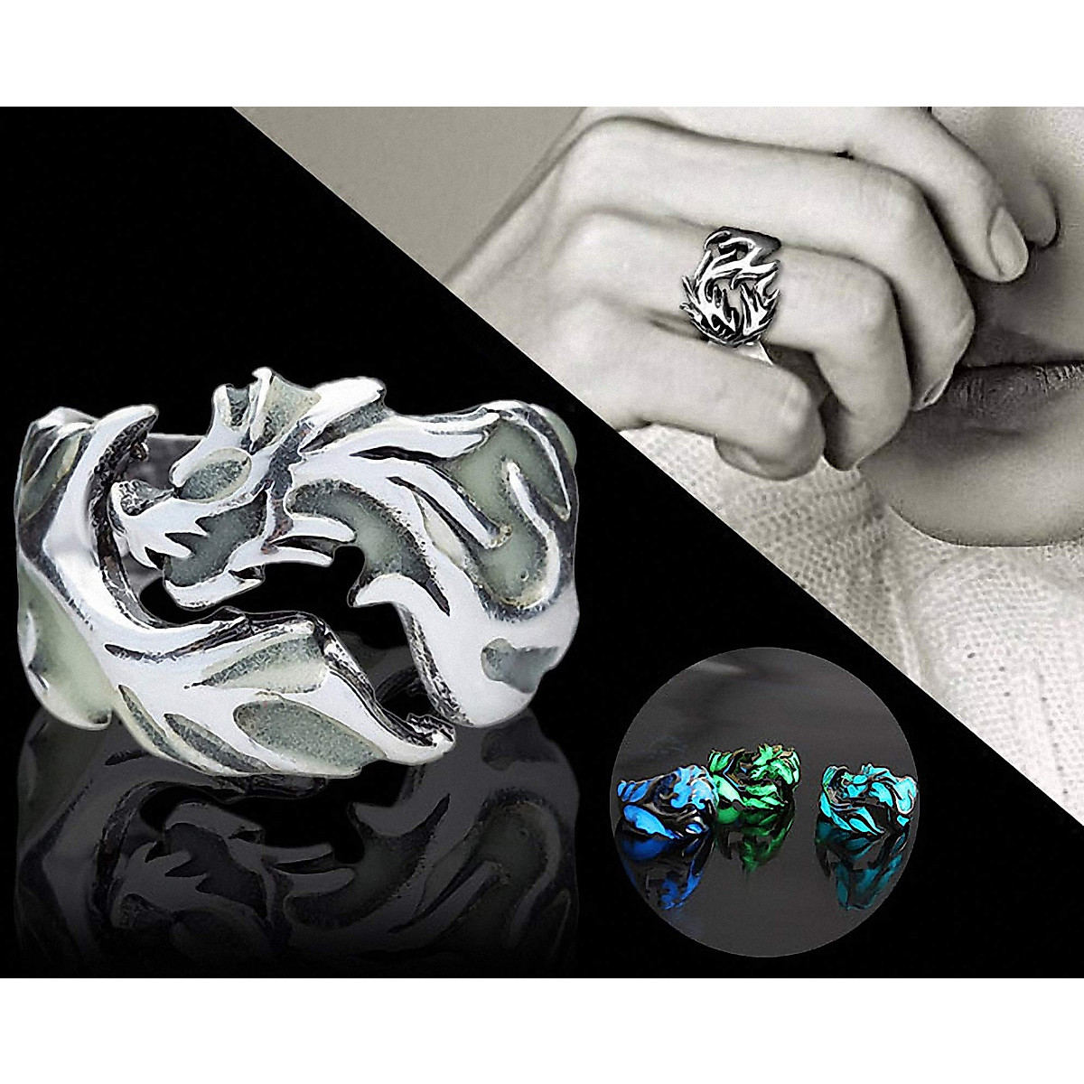 Cool Flying Dragon Luminous Ring, Gothic Punk Rings for Men and Women Allergy Free Glow in the Dark Creative Embossed Dragon Pattern Animal Ring Halloween Anniversary Party Jewelry Light-Emitting Gift
