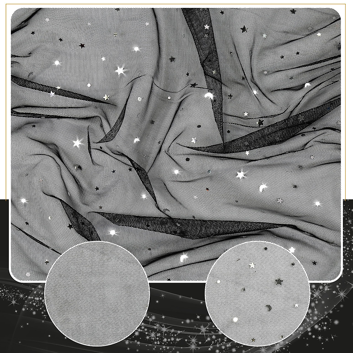 Homiest Glitter Tulle Fabric Rolls with Star Moon Sequin, 1 Yard x 54 Inch Wide Tulle Bolt Black Tulle Rolls Bulk, Tulle Netting Fabric for Tutu Skirt Bridal Veil Wedding Arch Party Decorations