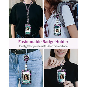 Uniclife Floral Sliding Badge Holder Purple Flower Plastic Case with Retractable Badge Reel Carabiner Clip & Detachable Lanyard Strap Fashionable Vertical Card Protector for Women Teacher Student