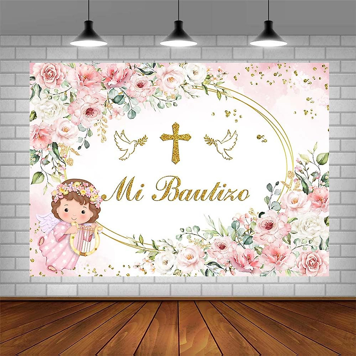AIBIIN 7x5ft Pink Mi Bautizo Backdrop for Girls Baby Shower God Bless First Holy Communion Background Oval Mexican Baptism Party Flowers Decorations Banner Props