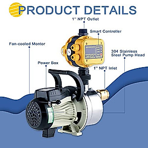 TDRSUPER 3/4 HP Shallow Well Pump with Smart Controller, 1056GPH, 110V, 550W Garden Water Pump, Automatic Booster System Pressurized Home, Garden, Lawn, Irrigation