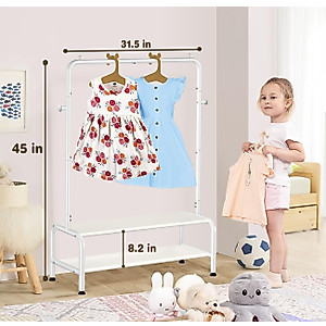 Kids Clothing Rack - Kids Dress Up Clothes Storage Racks - Baby Toddler Clothes Rack - Small Kids Costume Wardrobe Rack with 2 Fabric Floors Storage Shelf - Mini Short Kids Clothing Garment Rack