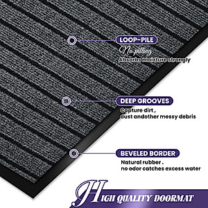 Door Mat Heavy Duty Outdoor Indoor Doormat Low Profile Front Door Mat Large 35x60 inch Gray Striped Entrance Welcome Mats Easy Clean Patio Entrance Mat Waterproof Anti-Skid Rubber Backing