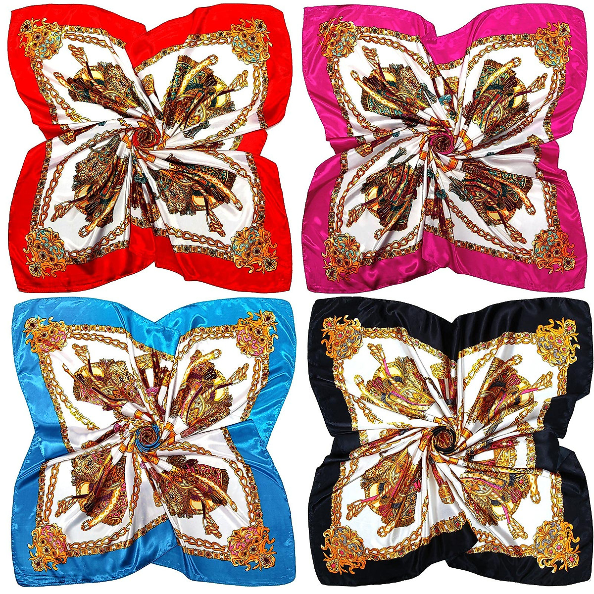 Honoson 4 Pieces 35 Inch Satin Head Scarves Large Square Silky Feeling Headband Satin Boho Hair Bandanas for Women Girls (Stylish Series)