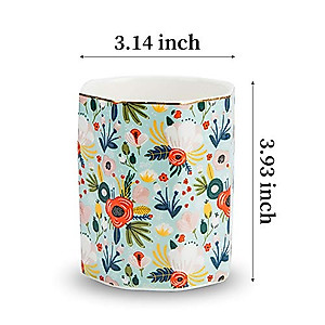 Jwest Pen Holder, Makeup Brush Holder Ceramic Shiny Gold Floral Pattern Pencil Cup for Girls Kids Women Durable Stand Desk Organizer Storage Gift for Office, Classroom, Home Mint Flowers