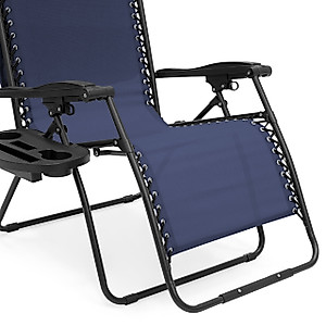 Best Choice Products Oversized Steel Mesh Zero Gravity Reclining Lounge Patio Chair w/Folding Canopy Shade and Cup Holder, Navy
