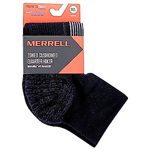 Merrell Men's and Women's Zoned Cushioned Wool Hiking Ankle Socks-Breathable Arch Support, Black, Medium-Large