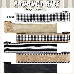 6 Rolls Wired Edge Ribbons 2.5 Inches x 24 Yards Burlap Ribbon Black and White Fabric Ribbons Plaid Stripe Craft Wired Ribbon Christmas Tree Ribbon for Farmhouse Holiday Wreath Home Decor