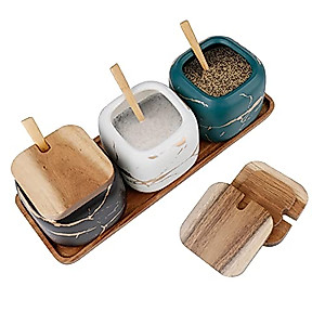Dicunoy Ceramic Salt and Sugar Container, Condiment Jars with Lids and Spoons, Marble Seasoning Spice Pots Bowl, Pepper Sellar with Wooden Tray for Serving, Counter, Home, Kitchen