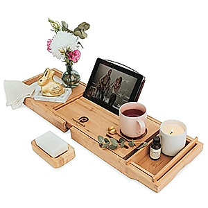 Bamboo Bathtub Caddy Tray for Tub- Expandable Bath Tray - Adjustable Organizer Tray for Bathroom for Luxury Spa - Book Holder, Tablet Smartphone and Wine Holder (Natural) by Pristine Bamboo