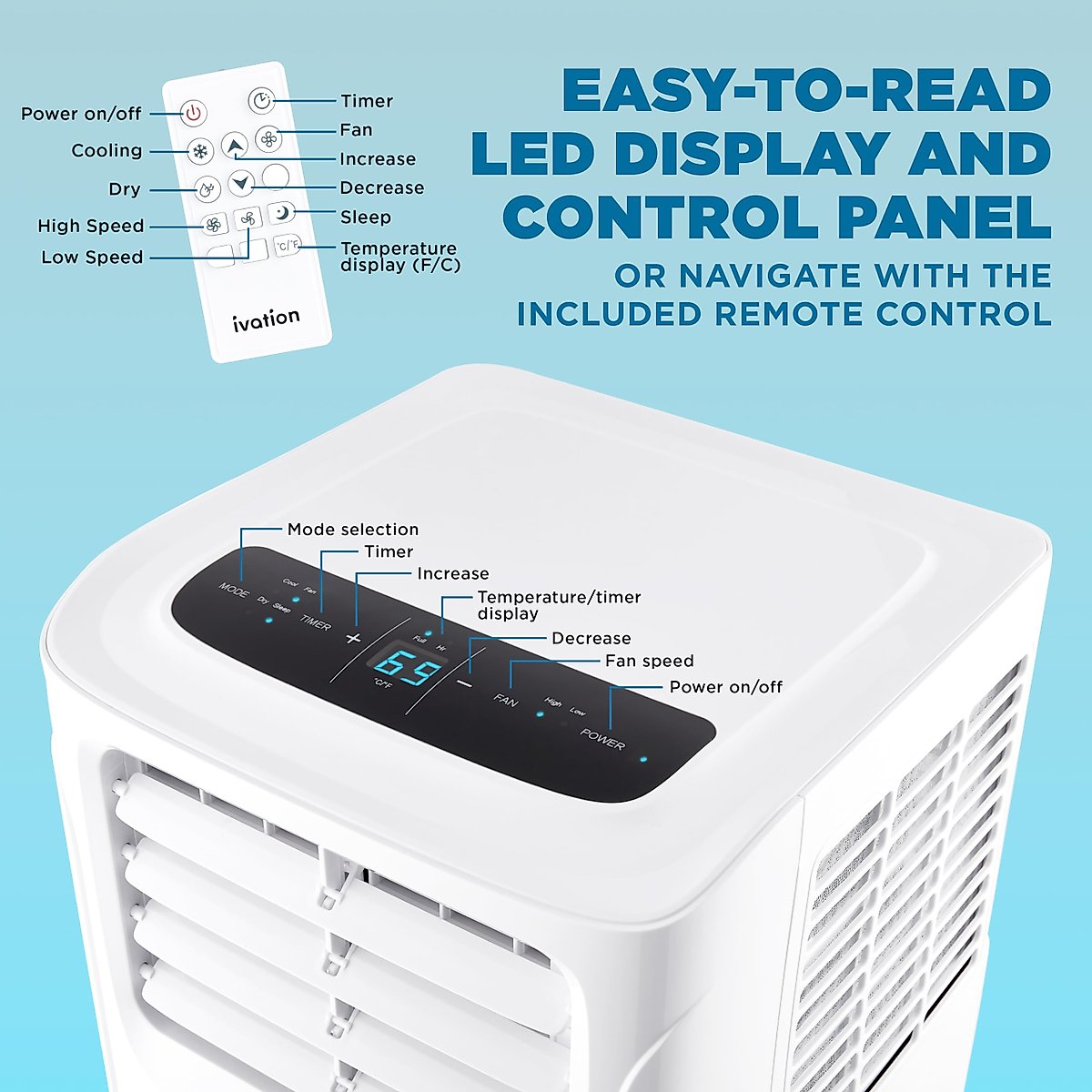 Ivation 9000 BTU Compact Portable Air Conditioner, Smallest AC Unit with Powerful Cooling, Multi-Speed Fan, Dehumidifier, Sleep Mode, Built-In Timer, Remote Control, Washable Filter, Wheels & Handle