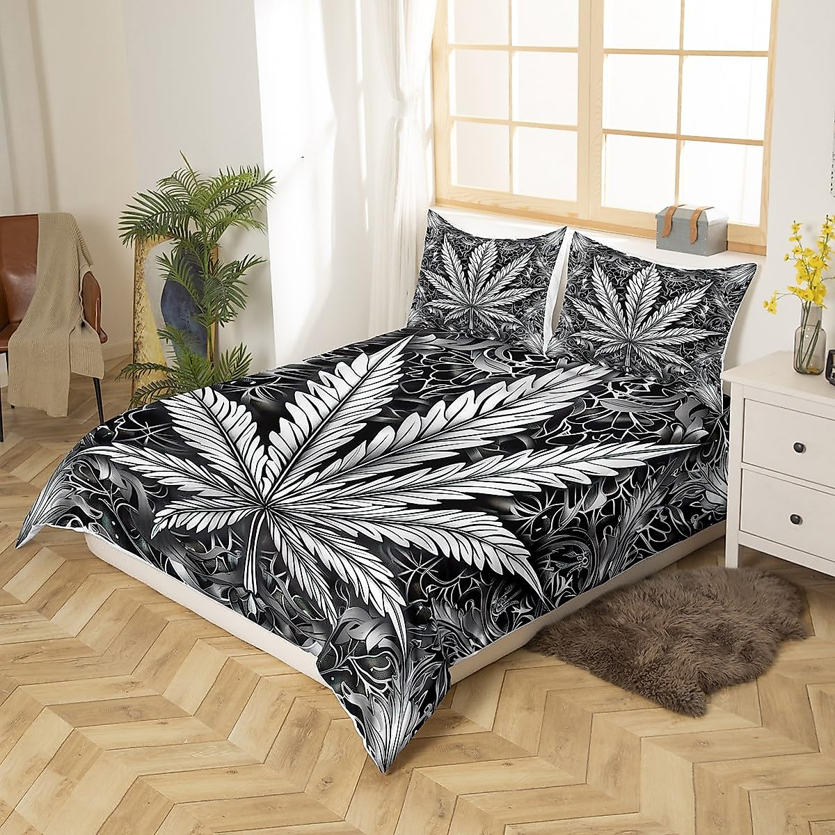 Marijuana Weed Leaf Bedding Set Full Size Psychedelic Cannabis Leaves Duvet Cover Hippie Marijuana Weed Green Leaf Comforter Cover Grey Trippy Hemp Bed Set Quilt Cover 3Pcs (No Comforter)