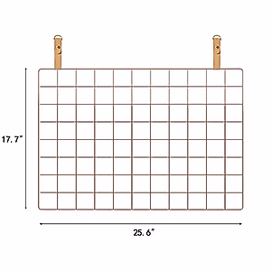 FRIADE Rose Gold Metal Wire Wall Grid Panel for Photo Display,Display Ledge,Wall Organizer for Living Room,Bedroom，10 Metal Clips&2 Leather Straps&3 Nails Offered,Set of 1 (Rose Gold:25.5”x17.7”)