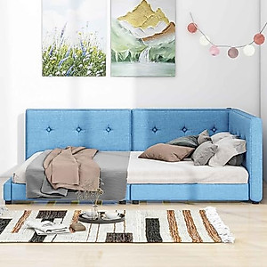 ATY Upholstered Queen Size Daybed with 2 USB Ports, Sofa Bed Platform Bedframe with Slat Support, No Box Spring Needed, for Bedroom, Livingroom, Guestroom, Easy Assembly, Blue