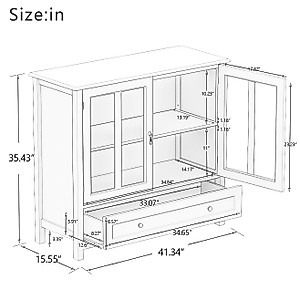 Henf Kitchen Sideboard Buffet Storage Cabinet, Floor Cabinet Cupboard with Double Glass Doors, Free Standing Accent Cabinet with a Drawer and Adjustable Closed Shelf, Perfect for Kitchen Dining Room