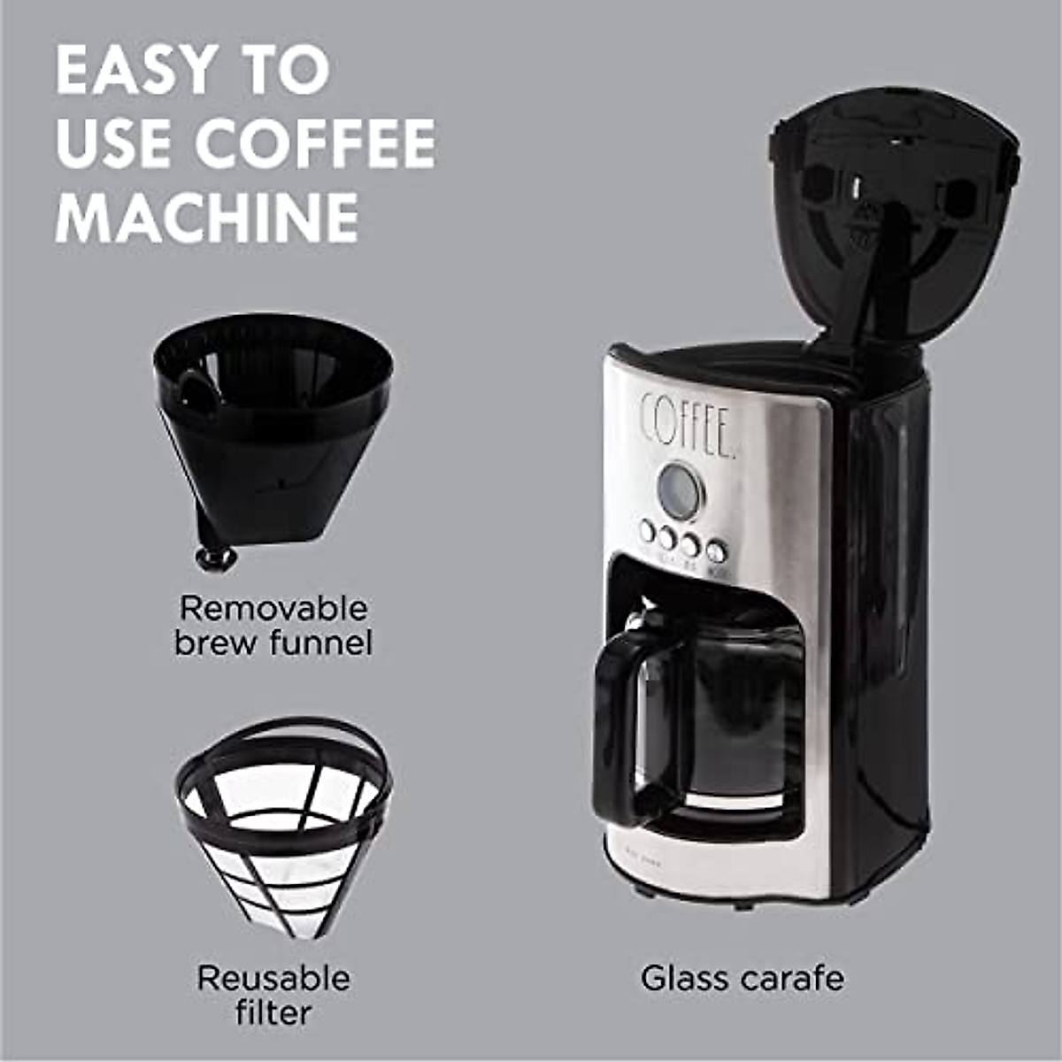 Rae Dunn Programmable Drip Coffee Maker, Coffee Pot for Kitchen, Electric Coffee Machine for Brewing Coffee, Black