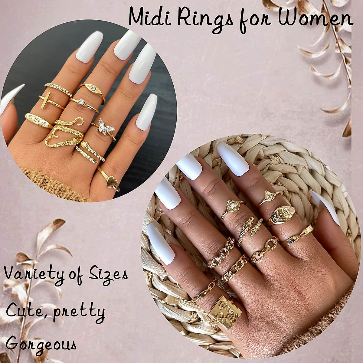 17KM 60Pcs Gold Crystal Vintage Ring Sets for Women, Boho Knuckle Stackable Midi Rings Pack, Aesthetic Grunge Finger Rings Sets for Jewelry