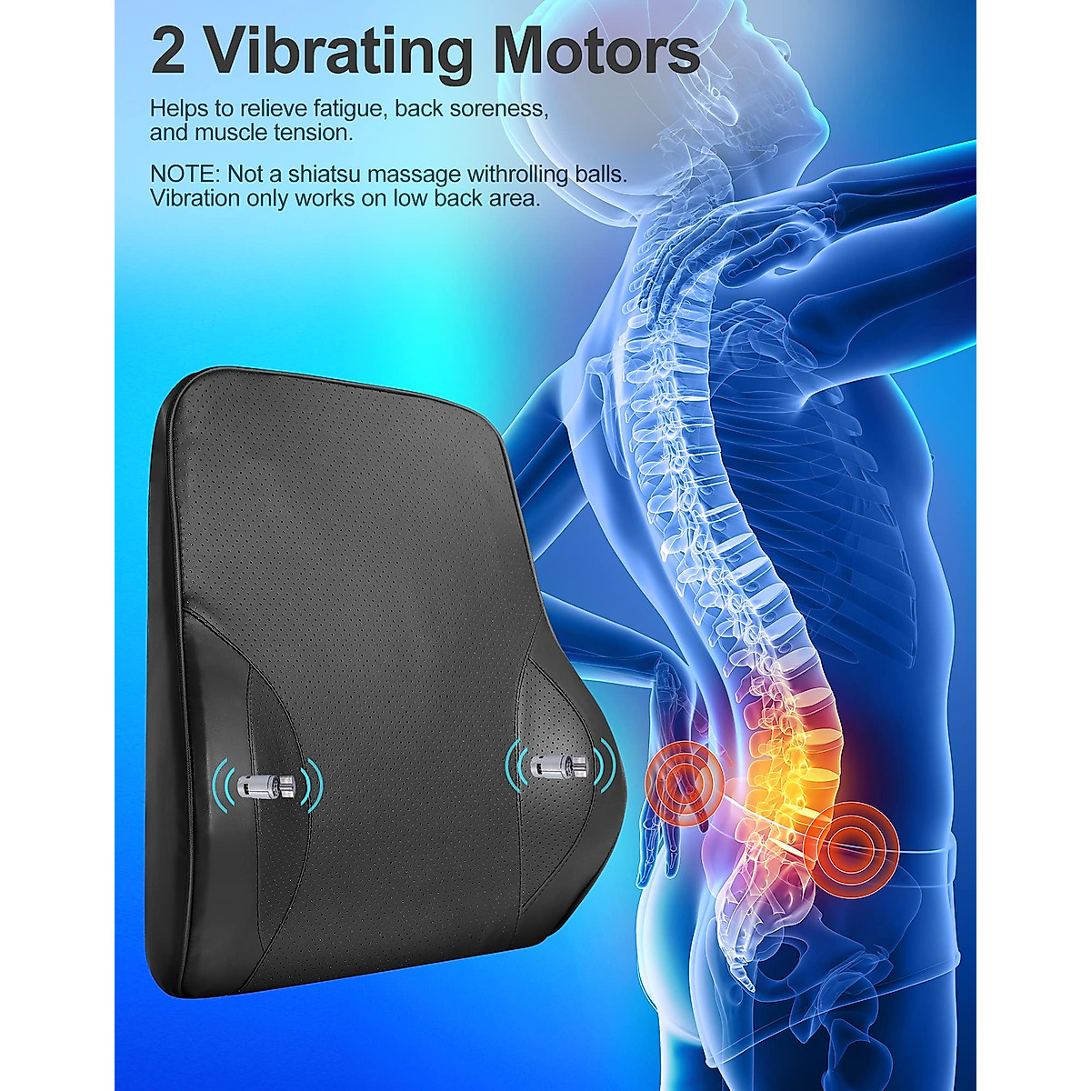 SEG Direct Lumbar Support Pillow for Car, Back Support with Vibrating Motors 12V, for Driving Fatigue Back Pain Relief, Memory Foam with Leather Cover, for Car Seat Home Office Chair