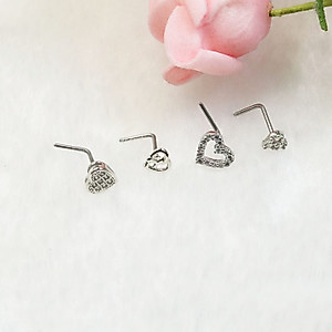 FLOGWE 20G 4PCS Nose Ring Studs 316L Heart Nose Ring Studs Heart Nose Stud Surgical Steel CZ L-Shaped Piercing Jewelry……